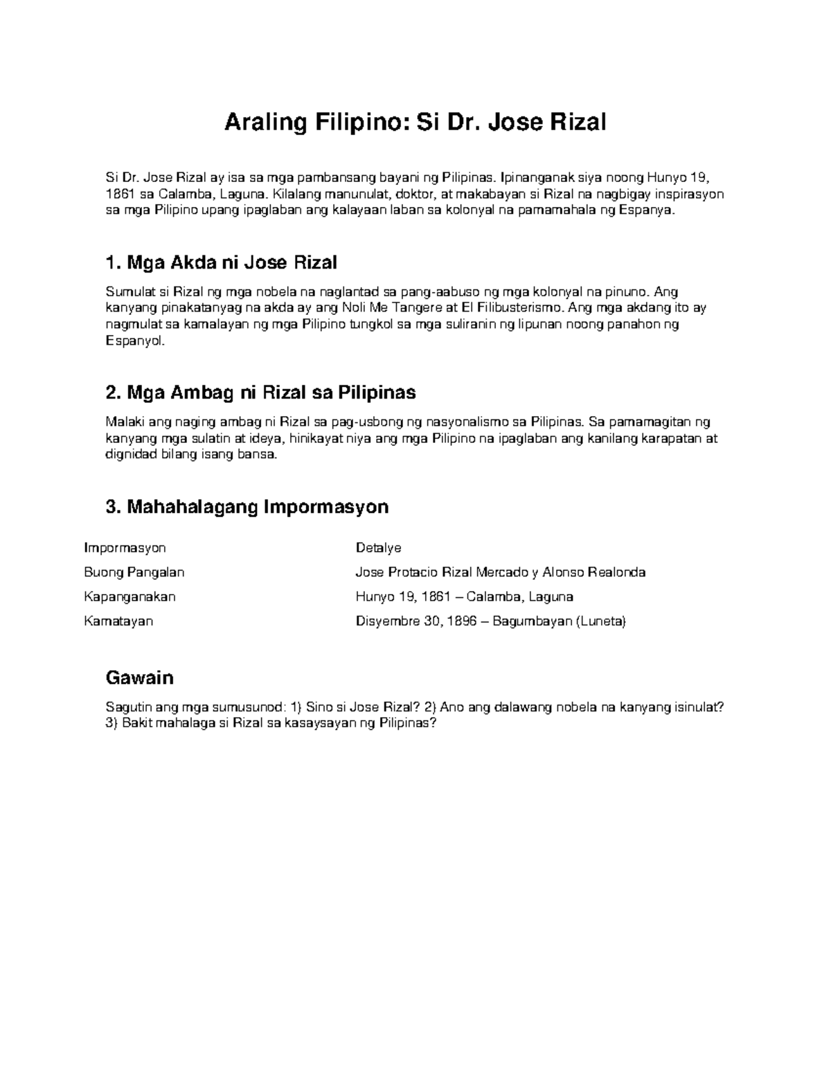 Araling Filipino: Si Dr. Jose Rizal at ang Kanyang Ambag - Studocu ...