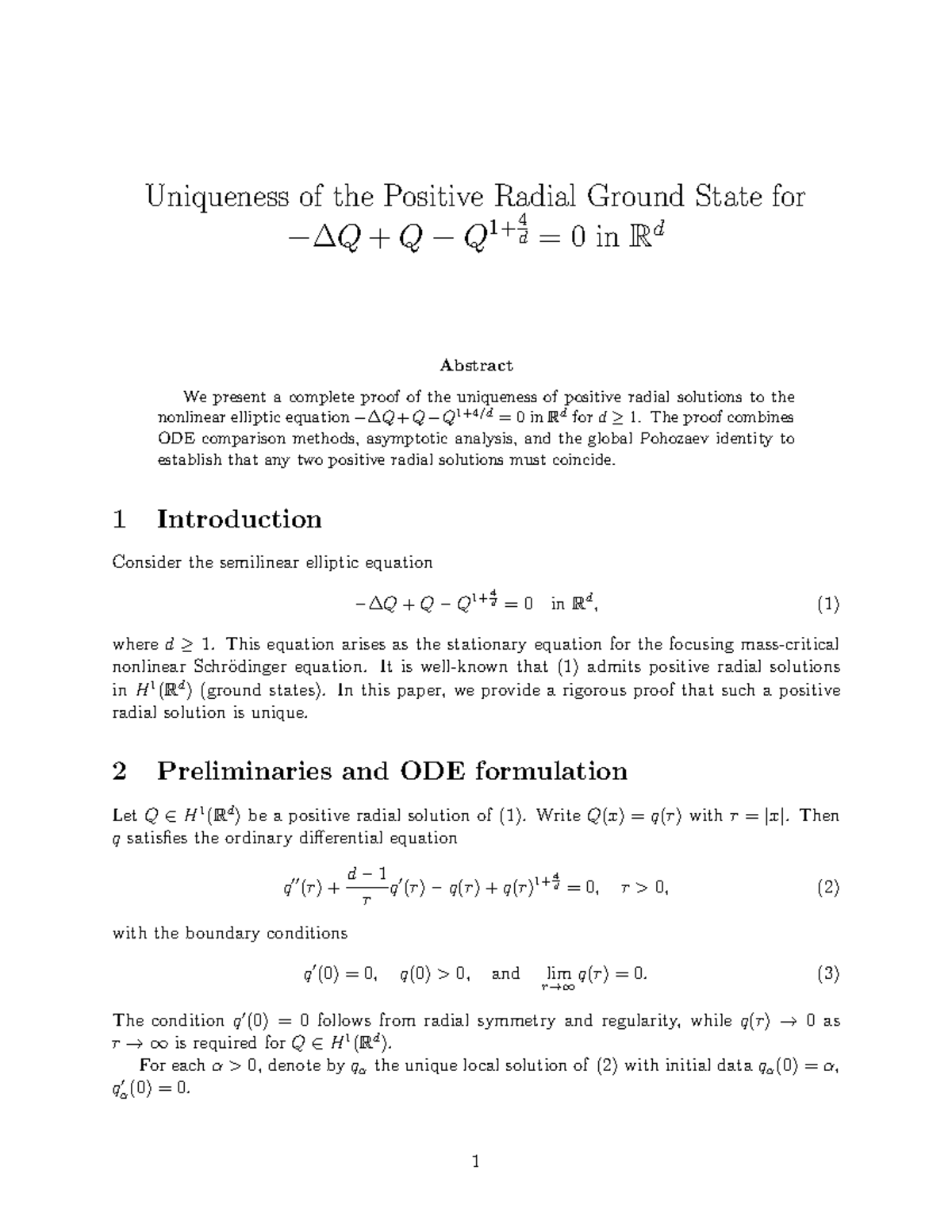 Uniqueness of Positive Radial Solutions for 4Q_d=0 in R^d - Studocu