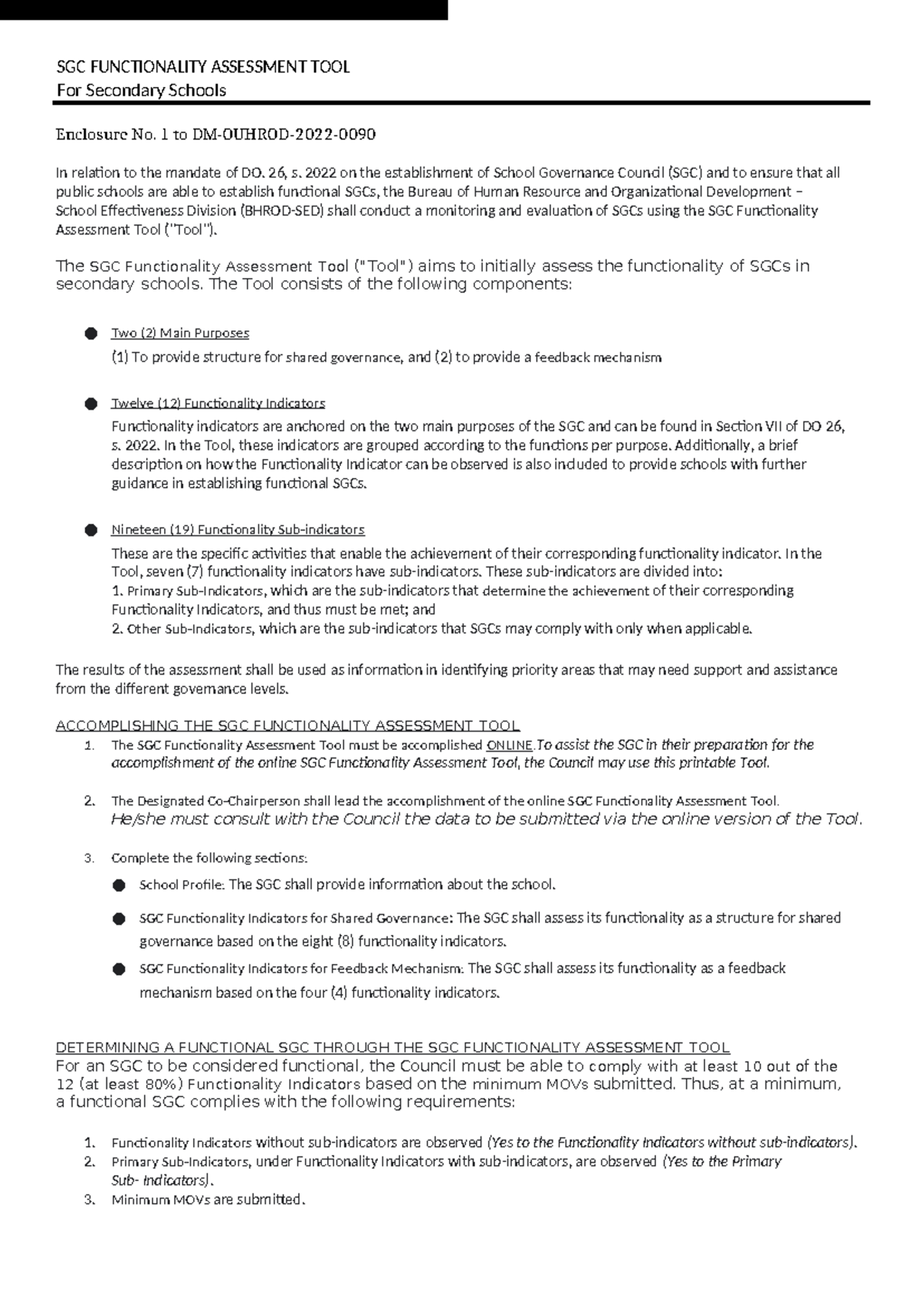 SGC Functionality Assessment Tool for Secondary Schools: Monitoring ...