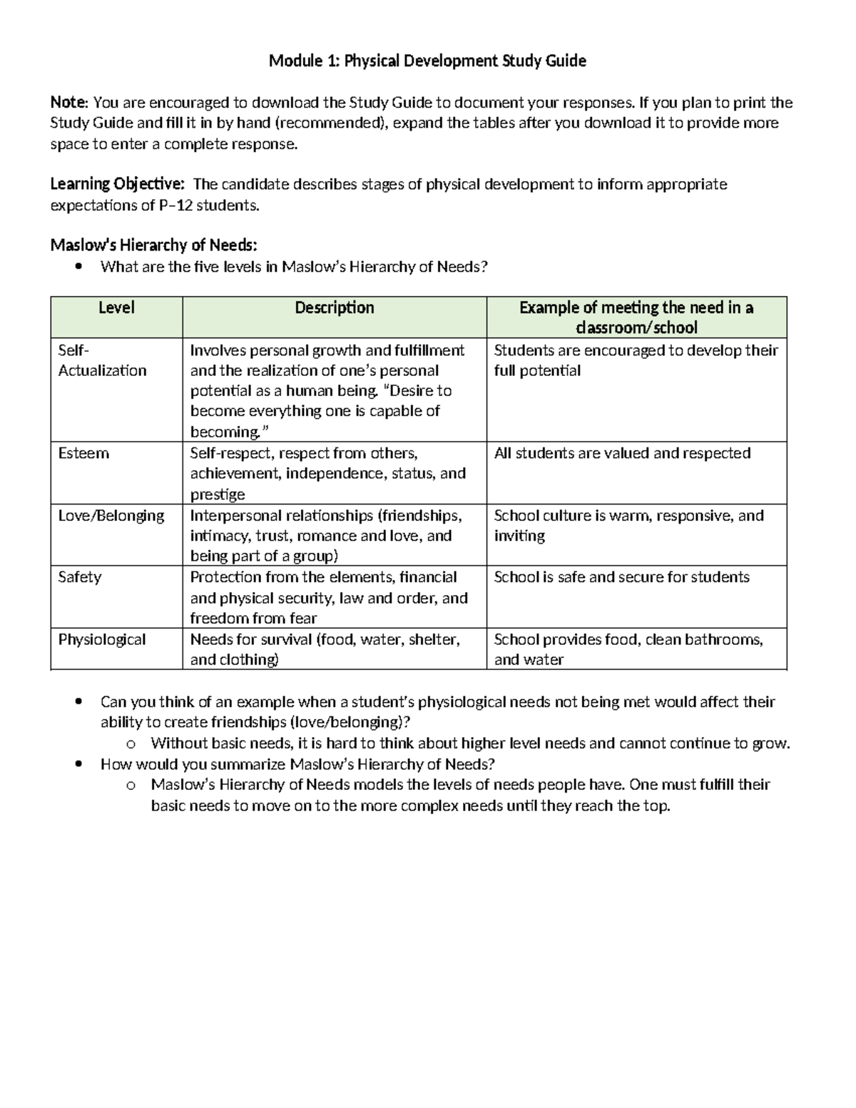 Physical Development Study Guide - If you plan to print the Study Guide ...