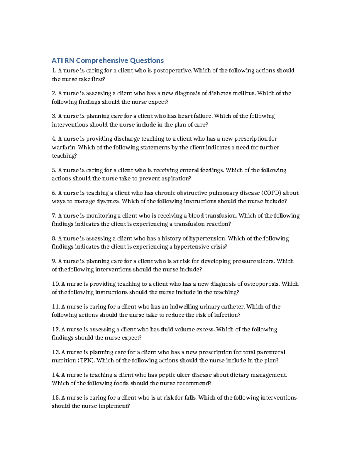 ATI RN Comprehensive Practice Questions for Proctored Exam 2023 - Studocu