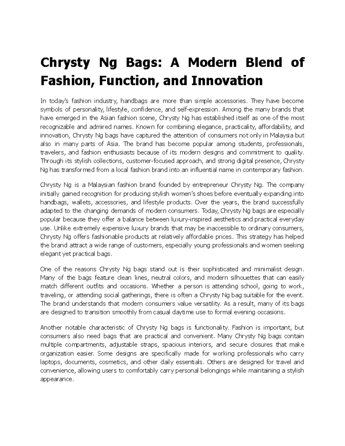 Chrysty Ng Bags: Fashionable, Functional, and Innovative Designs - Studocu