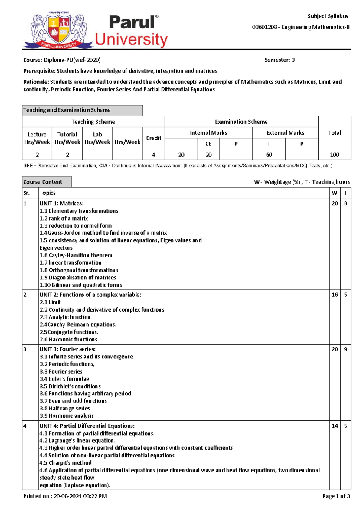 Syllabus for Engineering Mathematics 03601208 - Semester 3 - Studocu