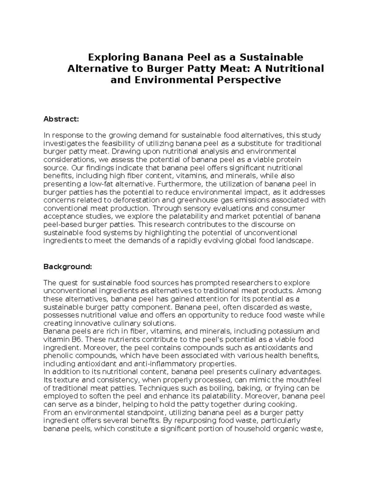 Sustainable Food Innovation: Using Banana Peel for Burger Patties - Studocu