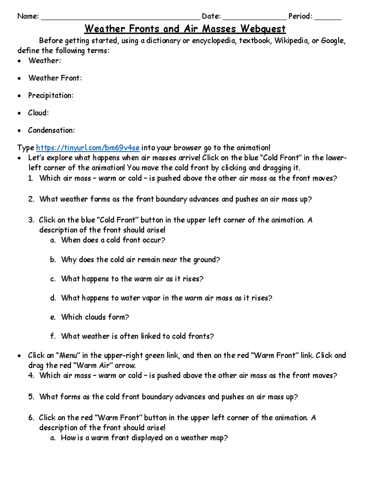 Weather Fronts and Air Masses Webquest (Science 101) - Studocu