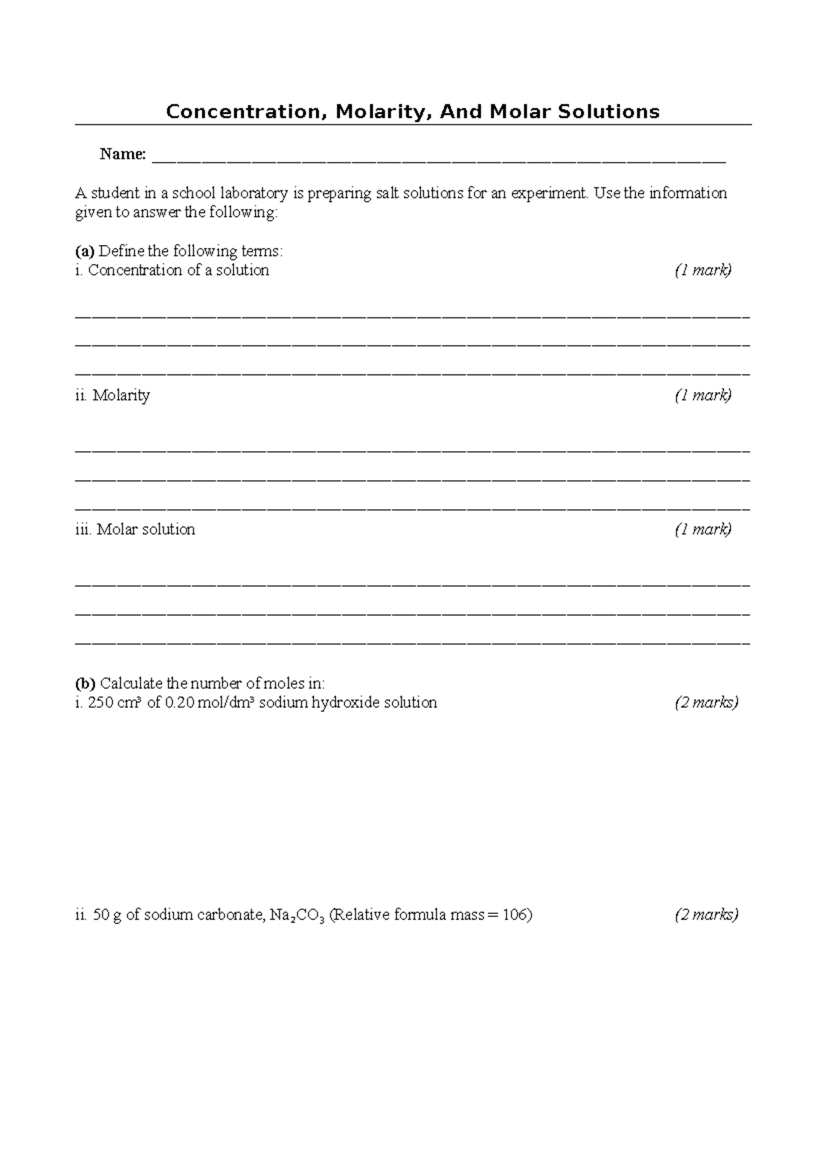 Concentration & Molarity: Solutions Lab Guide (Chem 101) - Studocu