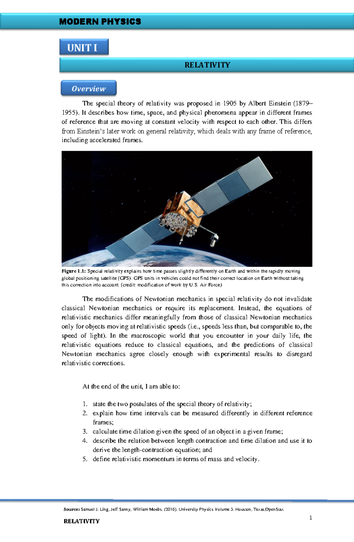SES 17 Unit I - Relativity - 1 Source: Samuel J. Ling, Jeff Sanny ...