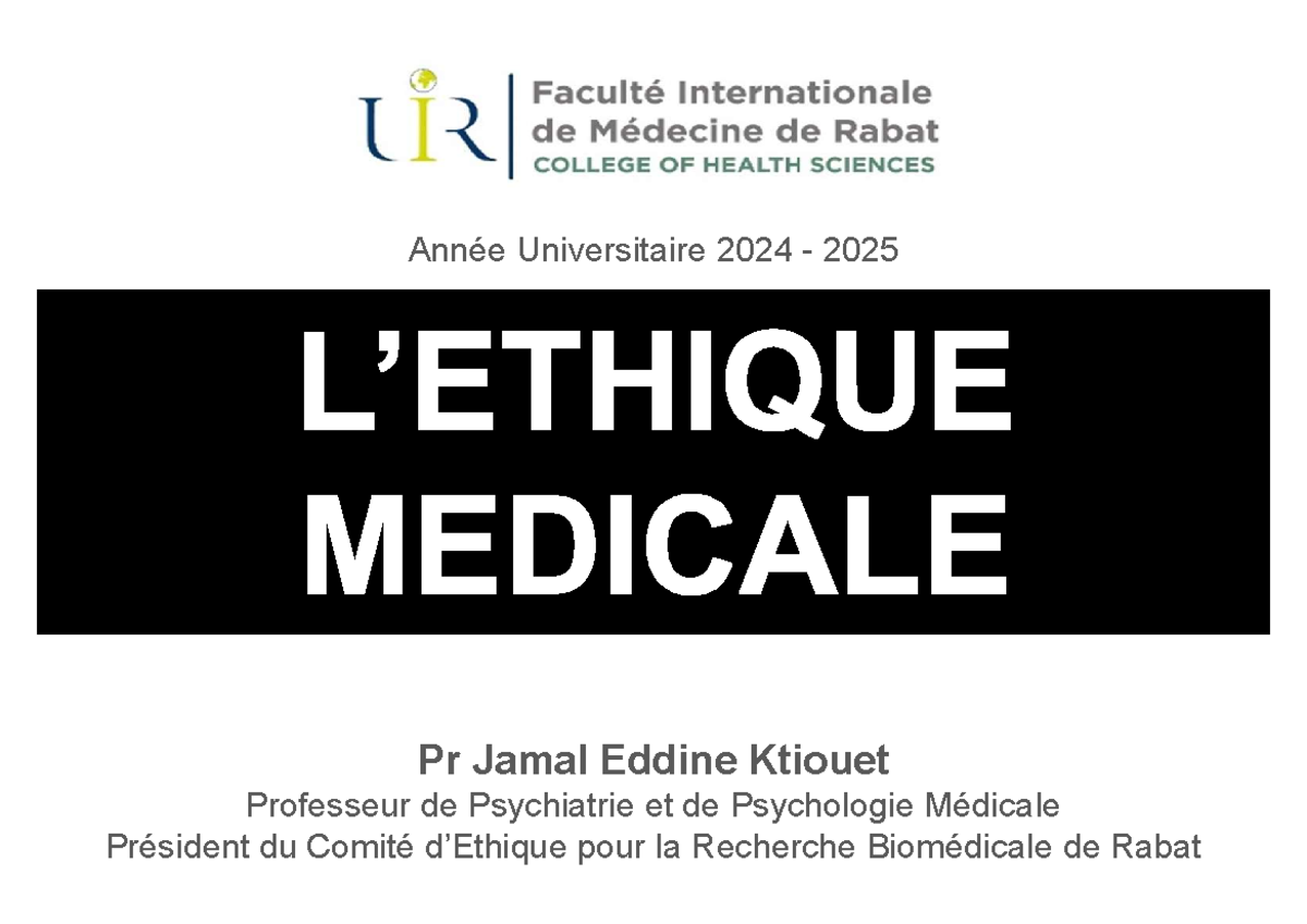 Éthique Médicale : Principes et Histoire - Année Universitaire 2024 ...