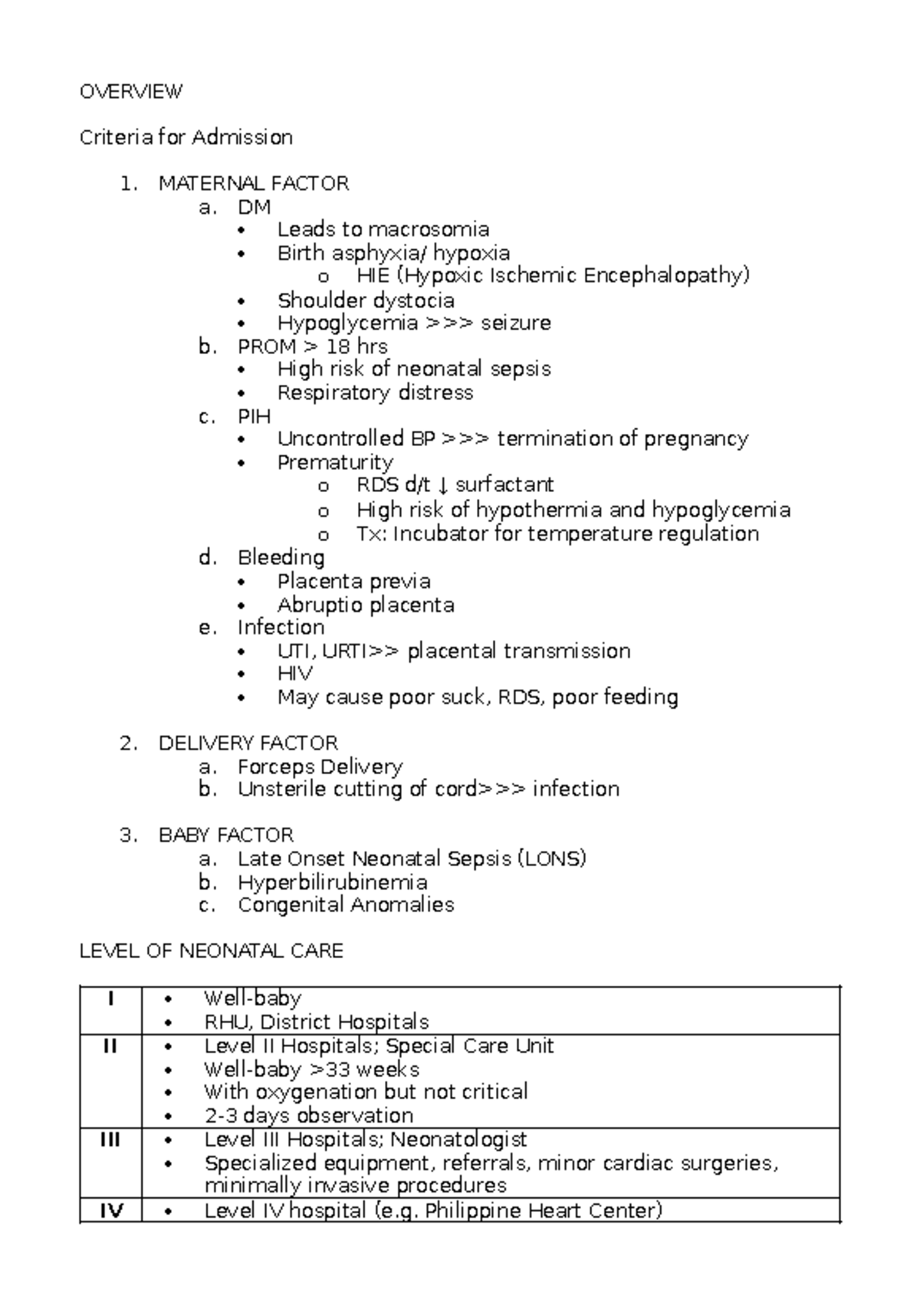 Neonatal Care Overview - MCN Admission Criteria and Levels - Studocu