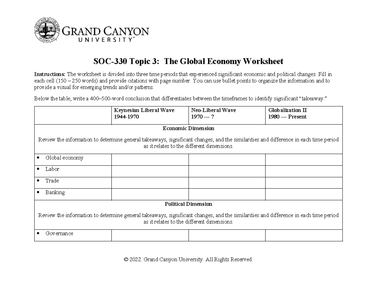 SOC 330 RS T3 The Global Economy Worksheet & Analysis Guide - Studocu
