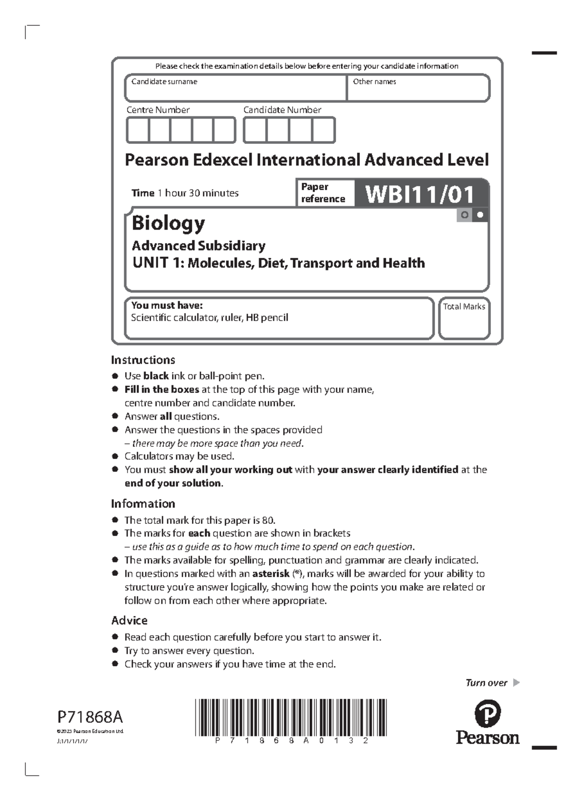 Edexcel Biology Unit 1 Jan 2023 Exam Questions & Instructions - Studocu