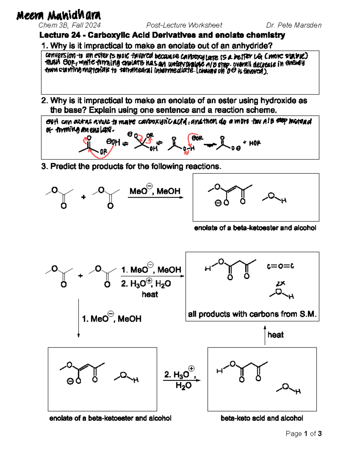 Chem 3B, Fall 2024: Ester Formation Worksheet by Dr. Marsden - Studocu