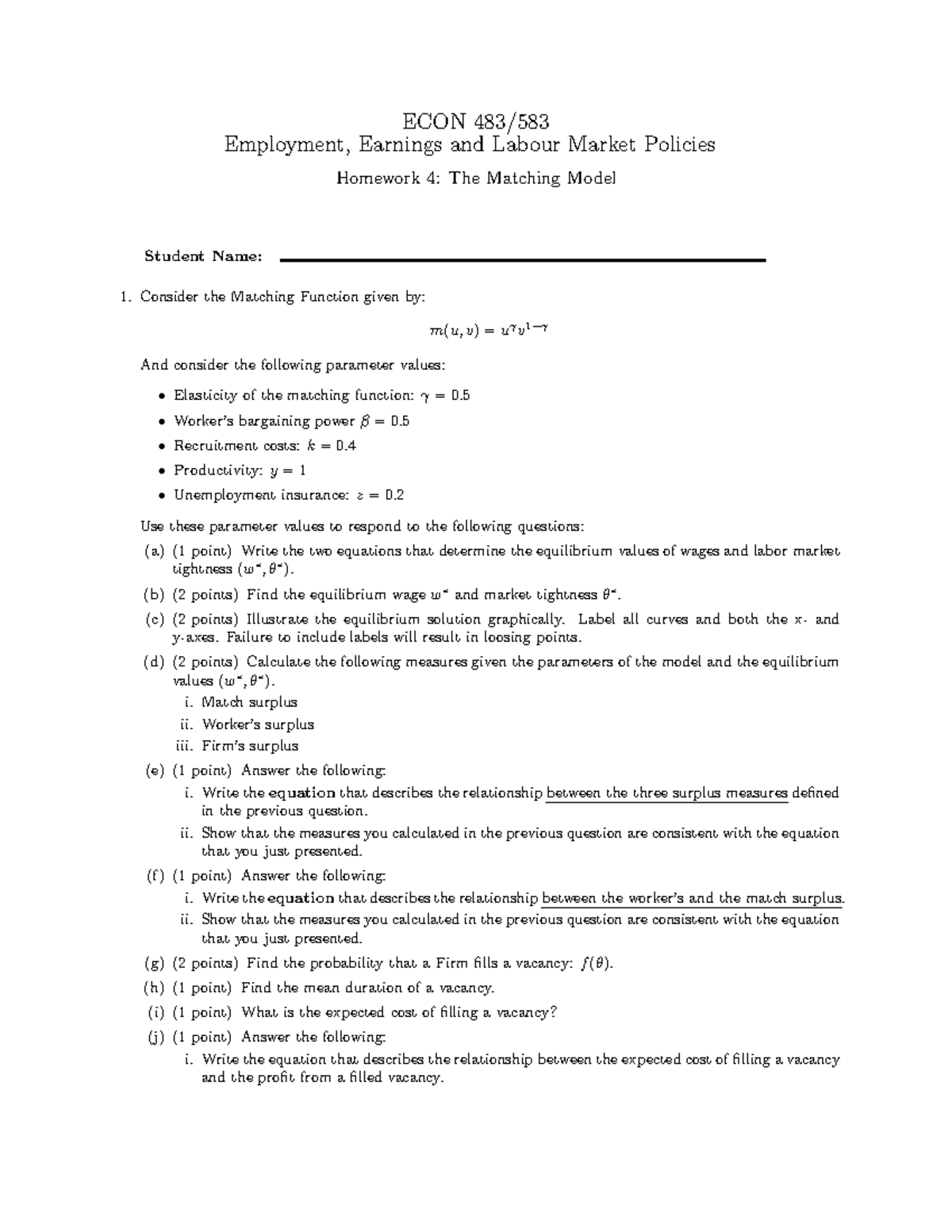 ECON Homework 4: The Matching Model Analysis and Equilibrium Solutions ...