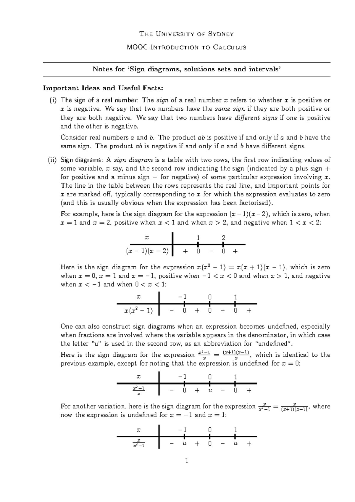 The University of Sydney MOOC Calculus Notes: Sign Diagrams & Solutions ...