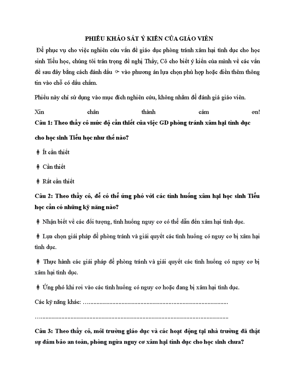 PHIẾU KHẢO SÁT Ý KIẾN GIÁO VIÊN VỀ GD PHÒNG TRÁNH XÂM HẠI TÌNH DỤC ...