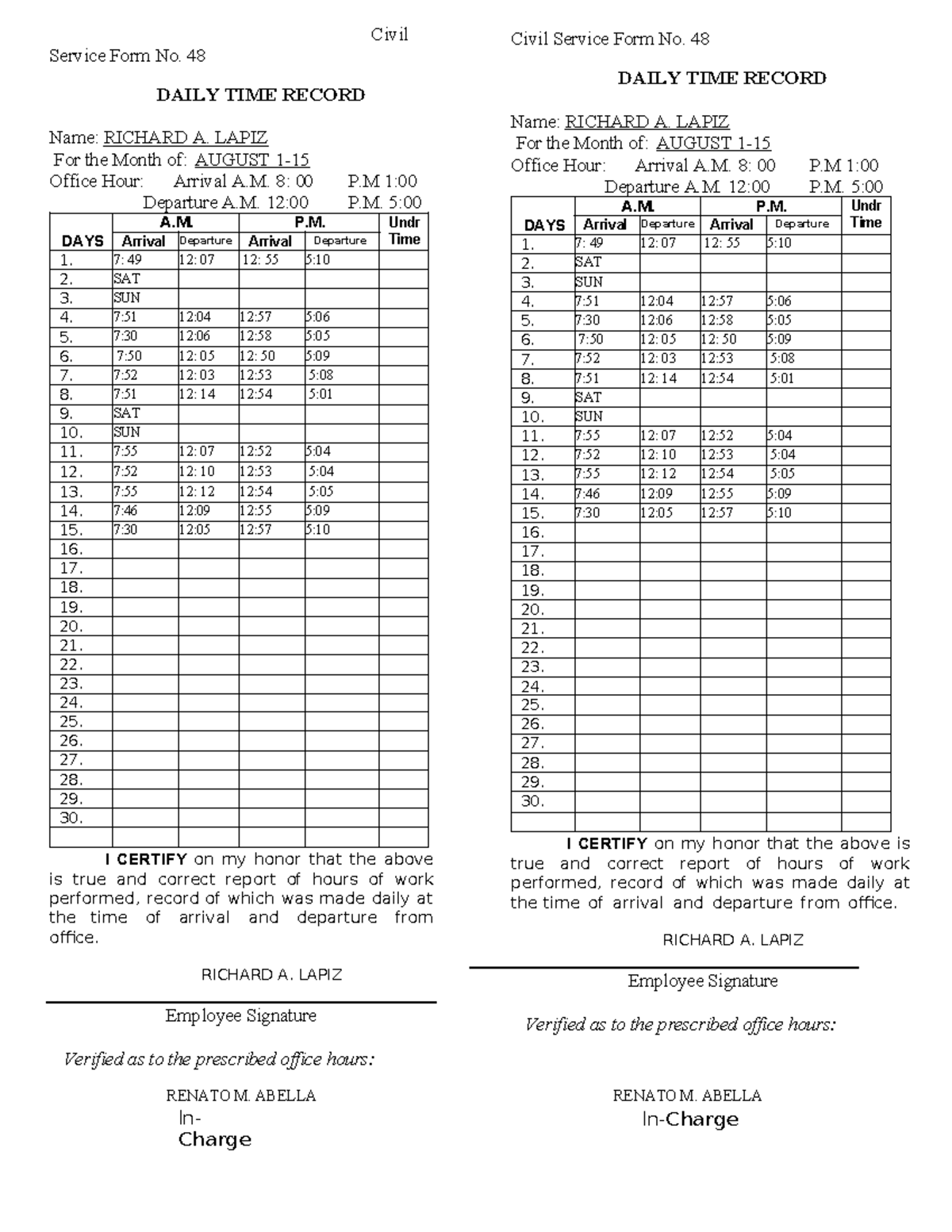 Civil Service Form No. 48: Daily Time Record for August - Studocu