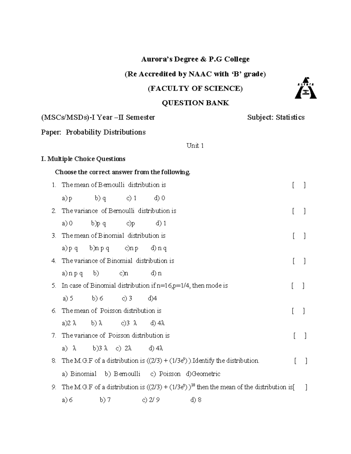 Sem-II Statistics Probability Distributions Question Bank 2024-2025 ...