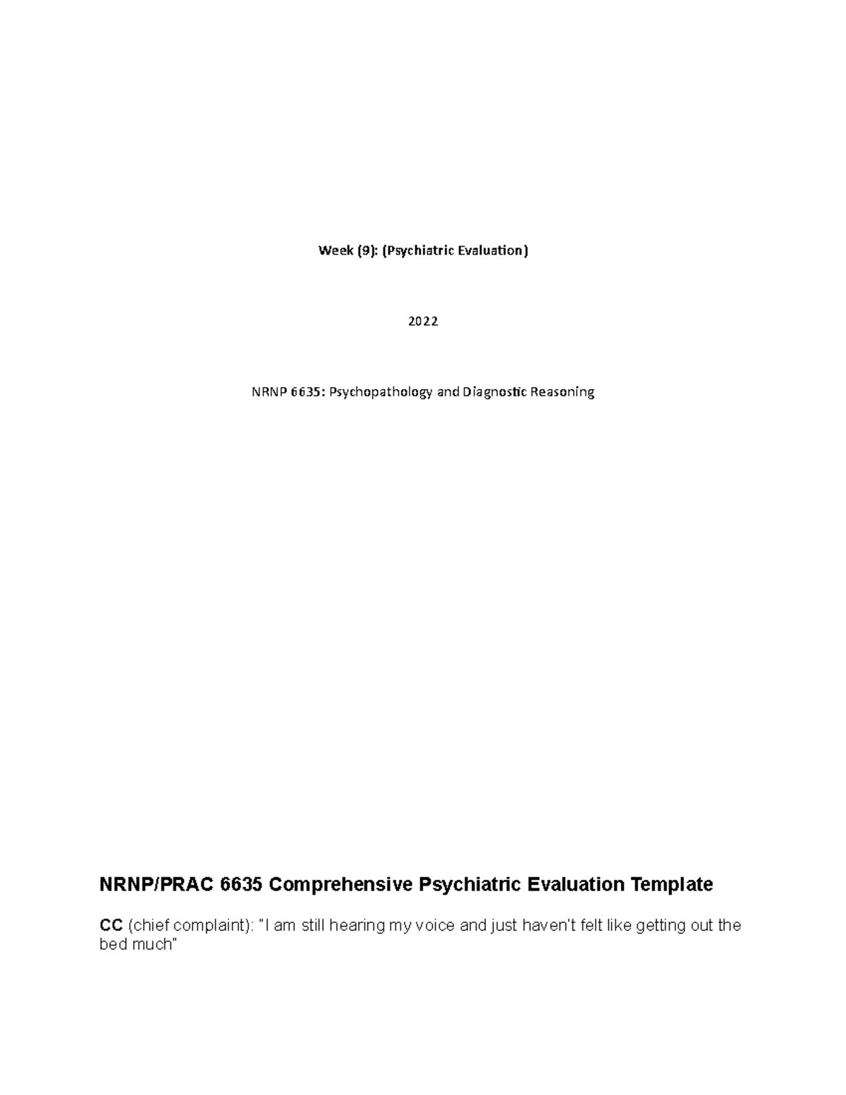 Week 9 Psychiatric Evaluation Insights - NRNP 6635 - Studocu