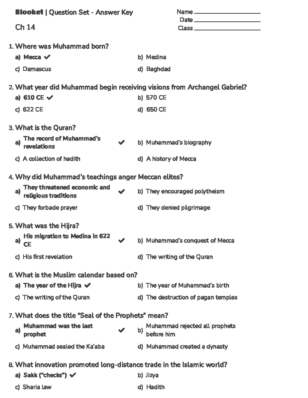 Blooket Q&A Set - Answer Key for Ch 14: Muhammad & Islam - Studocu