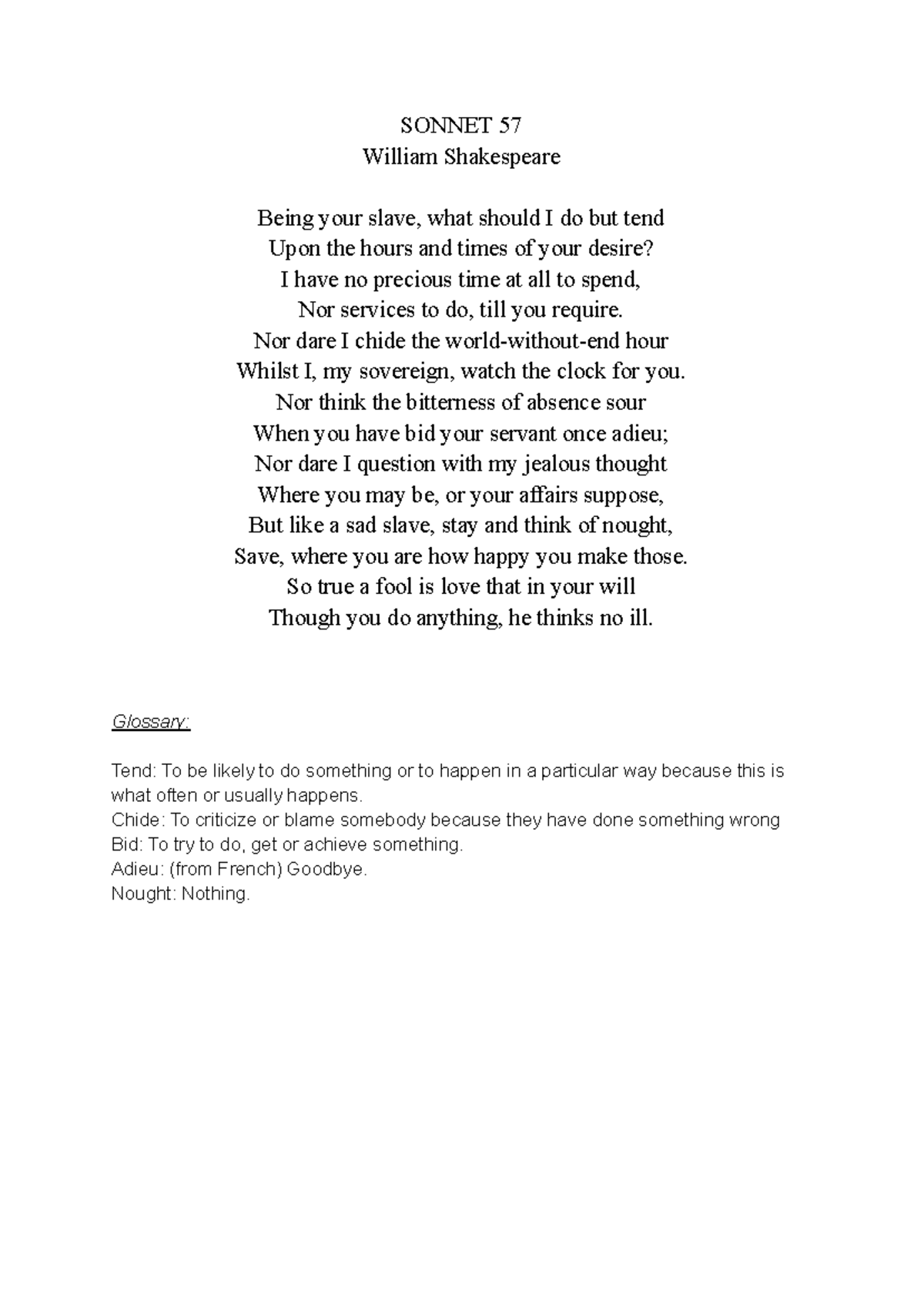 Sonnet 57 - Poems - SONNET 57 William Shakespeare Being your slave ...