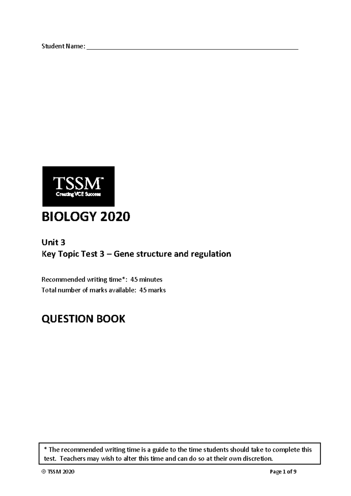 BIOLOGY 2020 Unit 3 Key Topic Test 3: Gene Structure & Regulation - Studocu