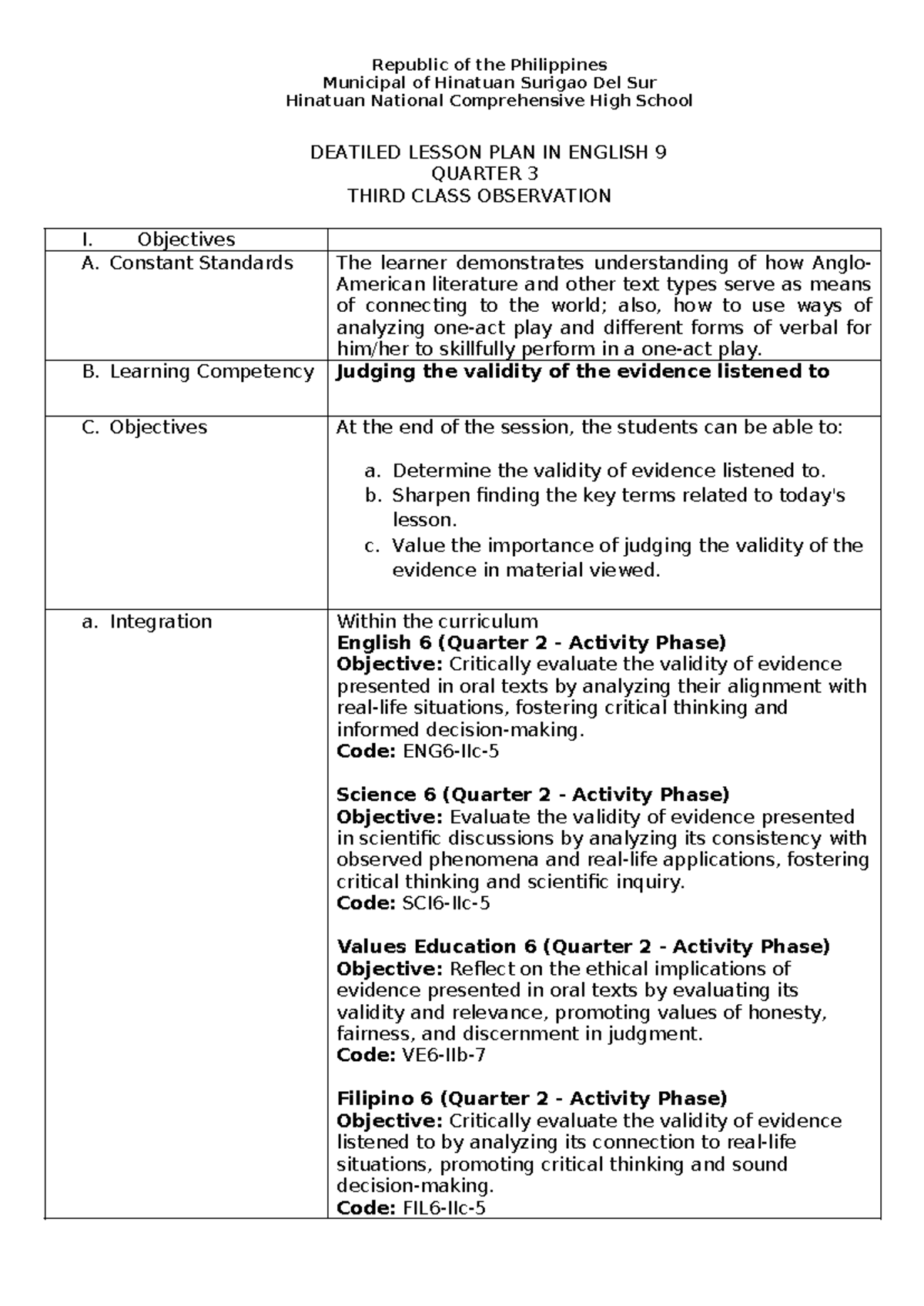 Detailed Lesson Plan in English 9: Evaluating Evidence Validity - Studocu