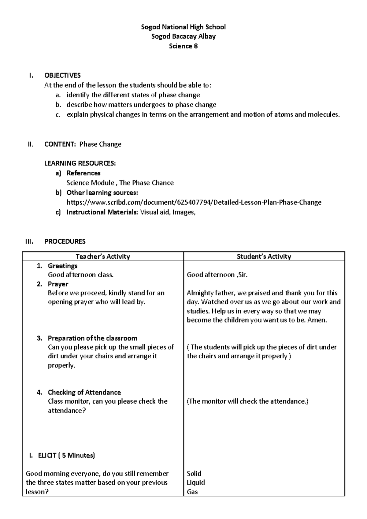 BEST Lesson Plan on Phase Change for Science 8 (Sogod National HS ...