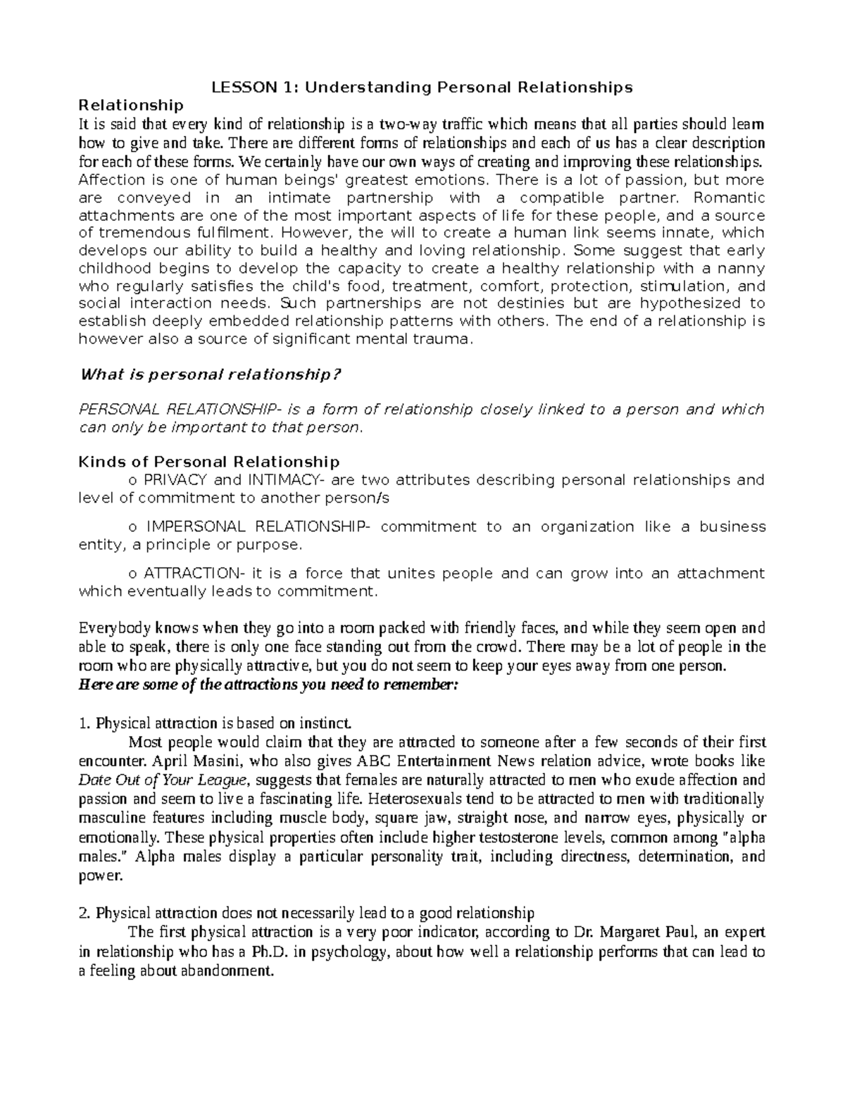Perdev Q2 1 SEM - Lesson on Understanding Personal Relationships - Studocu