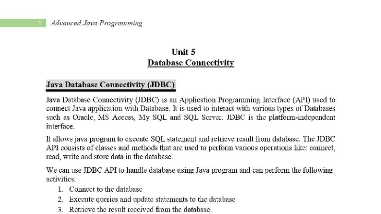 Advanced Java Programming (CS101) Unit 5: JDBC Database Connectivity ...