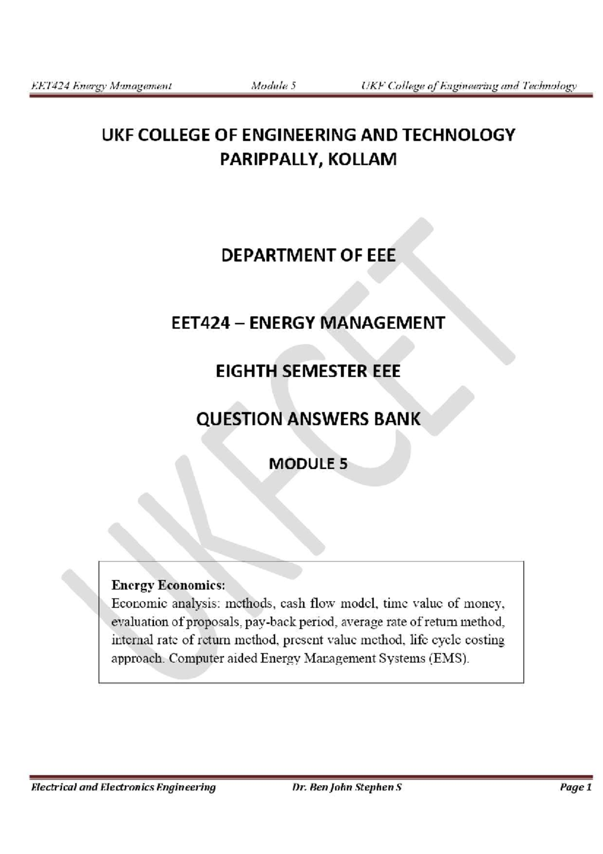 EET424 Energy Management Module 5: Economic Analysis & Cash Flow ...