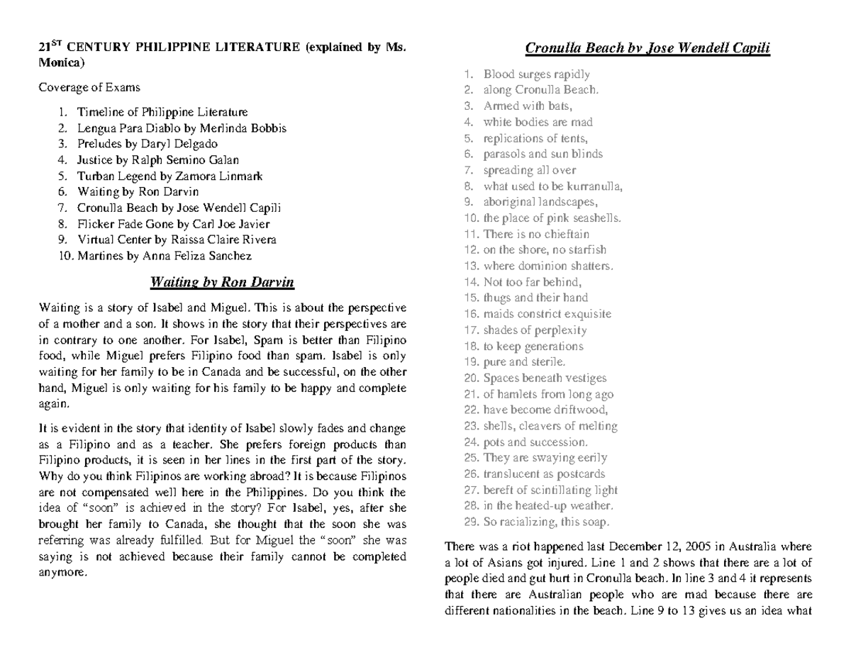 Prelim EXAM Reviewer - 21ST - 21st Century Literature From the ...