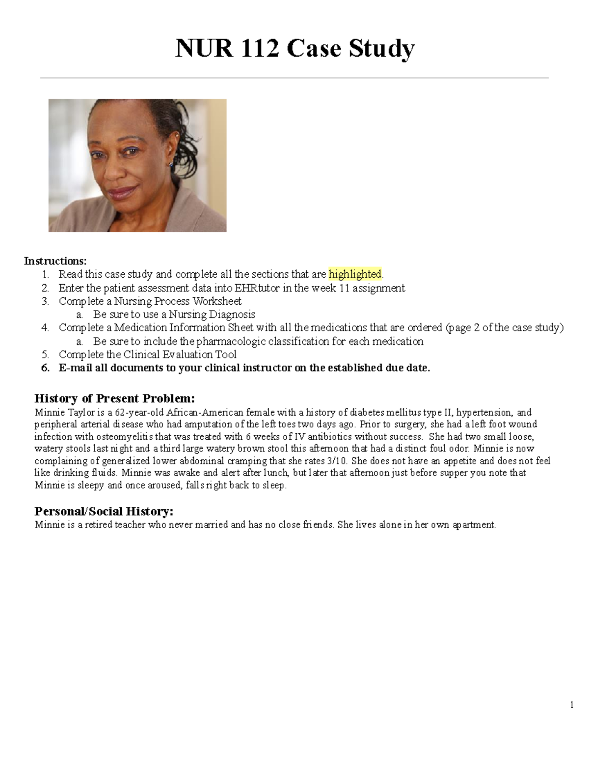 NUR 112 Minnie Taylor Case Study Analysis and Nursing Interventions ...