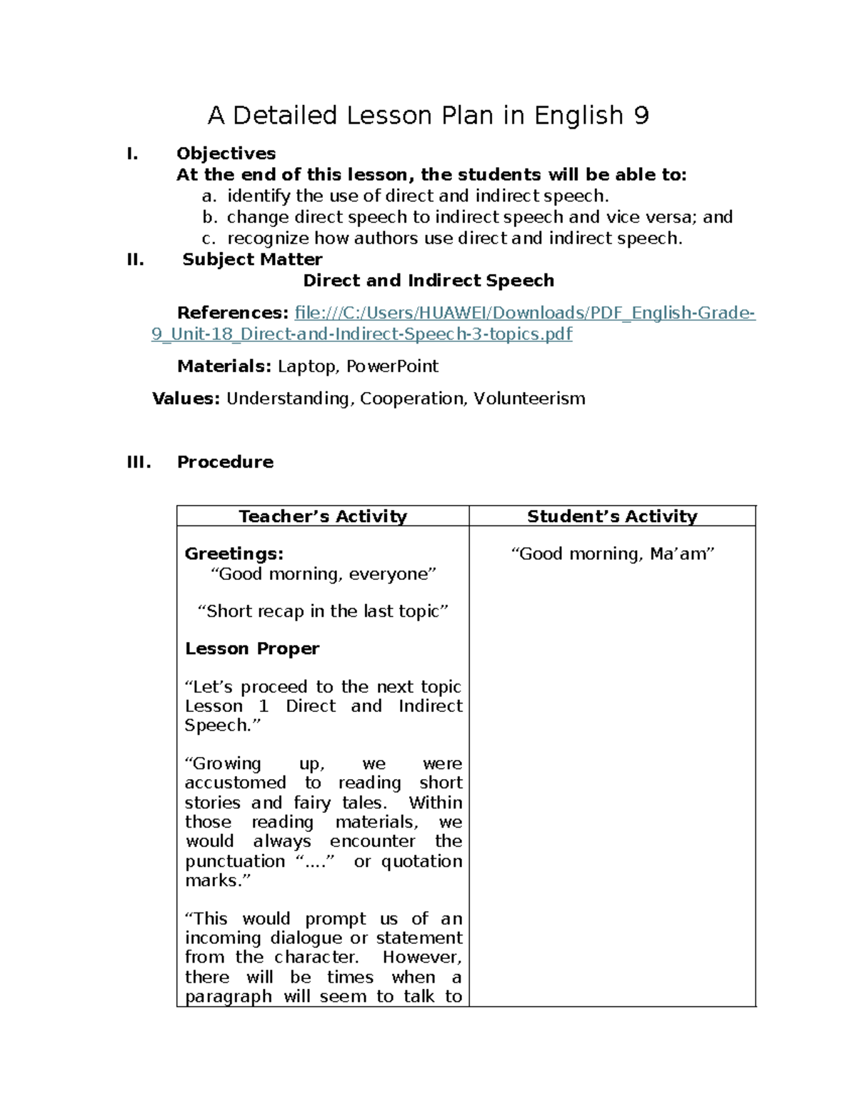 English 9 Detailed Lesson Plan: Direct & Indirect Speech Techniques ...