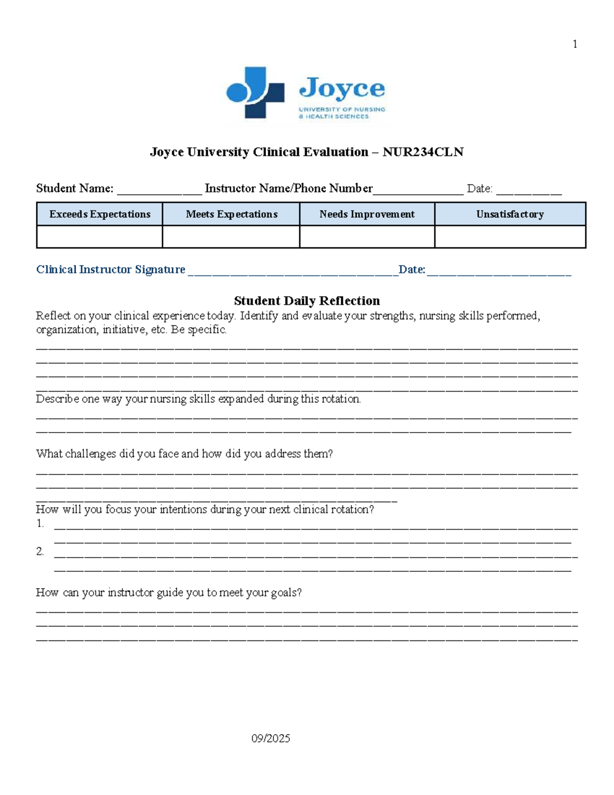 NUR234CLN Clinical Evaluation & Daily Reflection Guide - Studocu