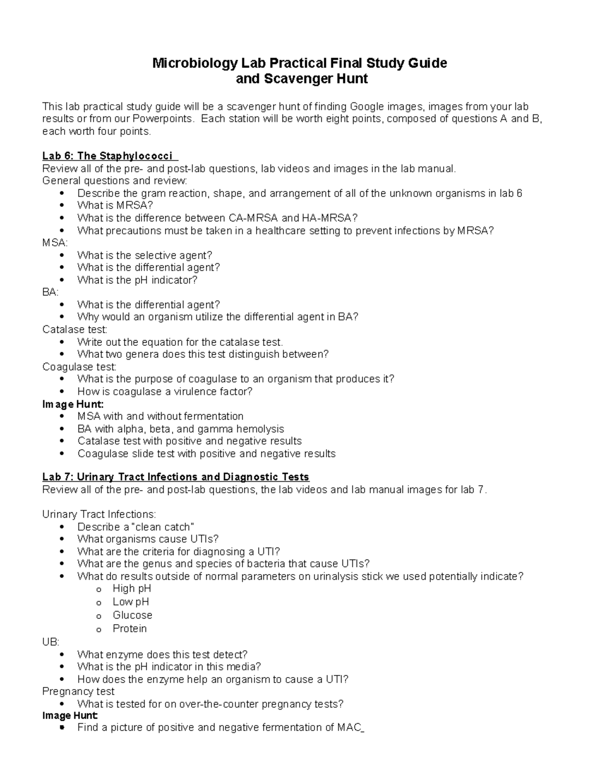 Microbiology Lab Practical Final Study Guide (Labs 6-11) - Microbiology ...