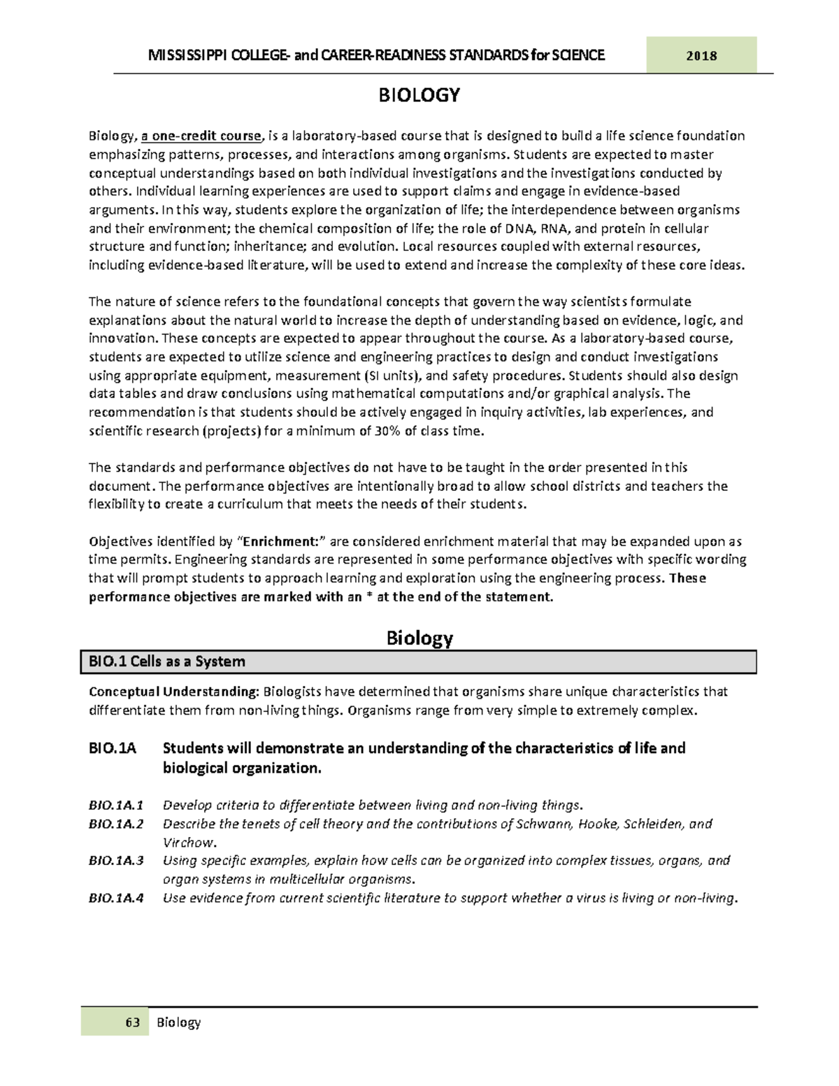 BIO 2018: Mississippi Science Standards for Biology Course - Studocu