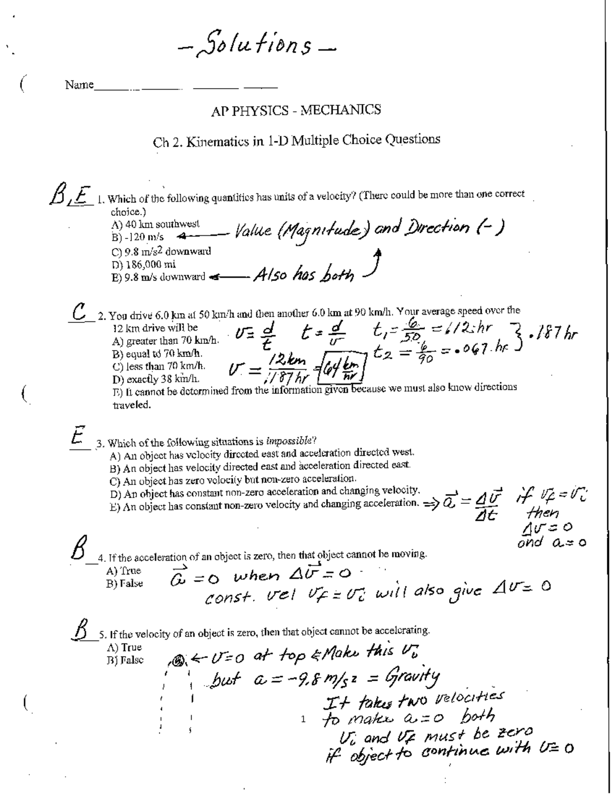 AP PHYSICS MECHANICS Ch 2 Kinematics Multiple Choice Solutions 2025 ...