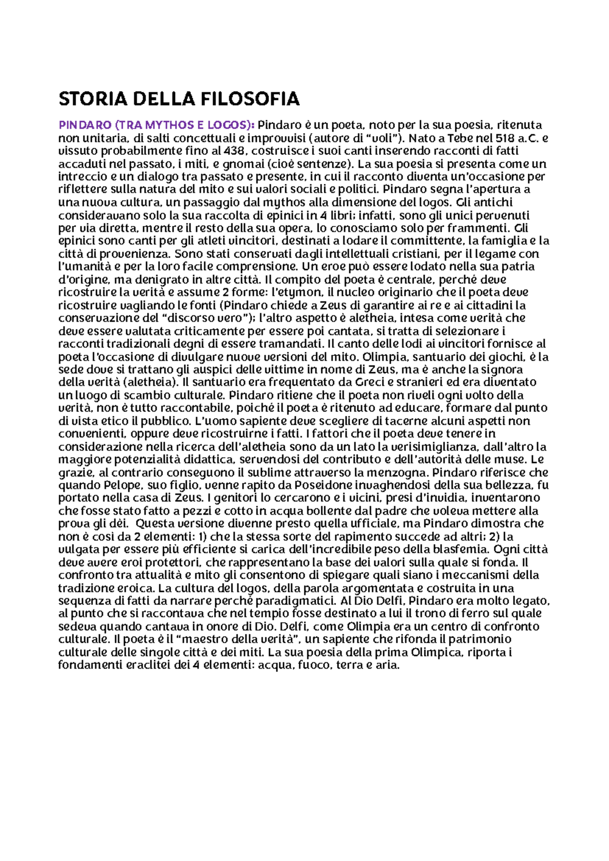 Filosofia Antica: Pindaro e il Passaggio da Mythos a Logos - Studocu