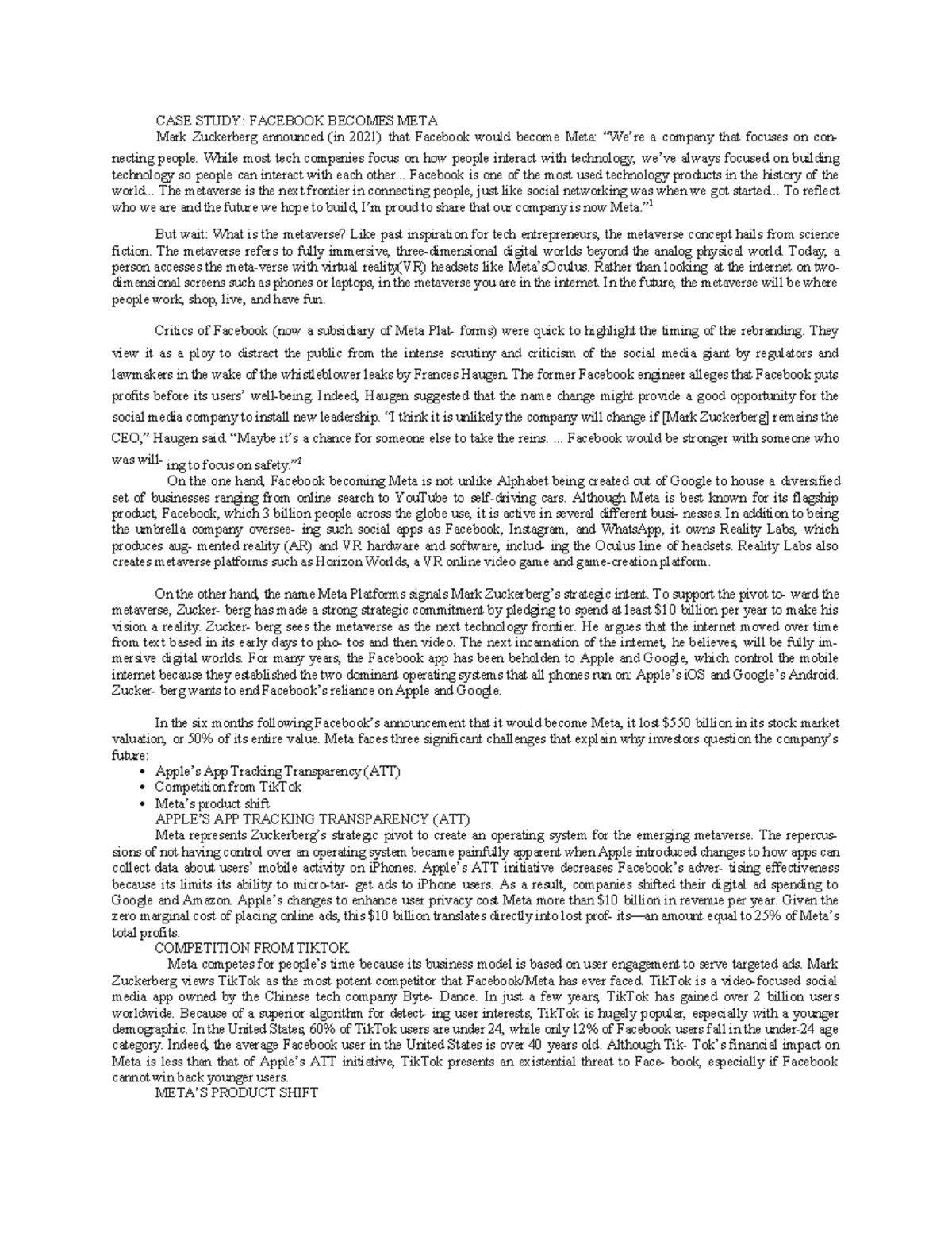 CASE Study- Facebook becomes Meta - CASE STUDY: FACEBOOK BECOMES META Mark Zuckerberg announced ...