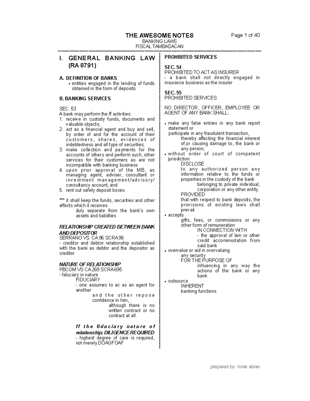 Banking Laws Overview - Fiscal Tambasacan (RA 8791 & RA 7653) - Studocu