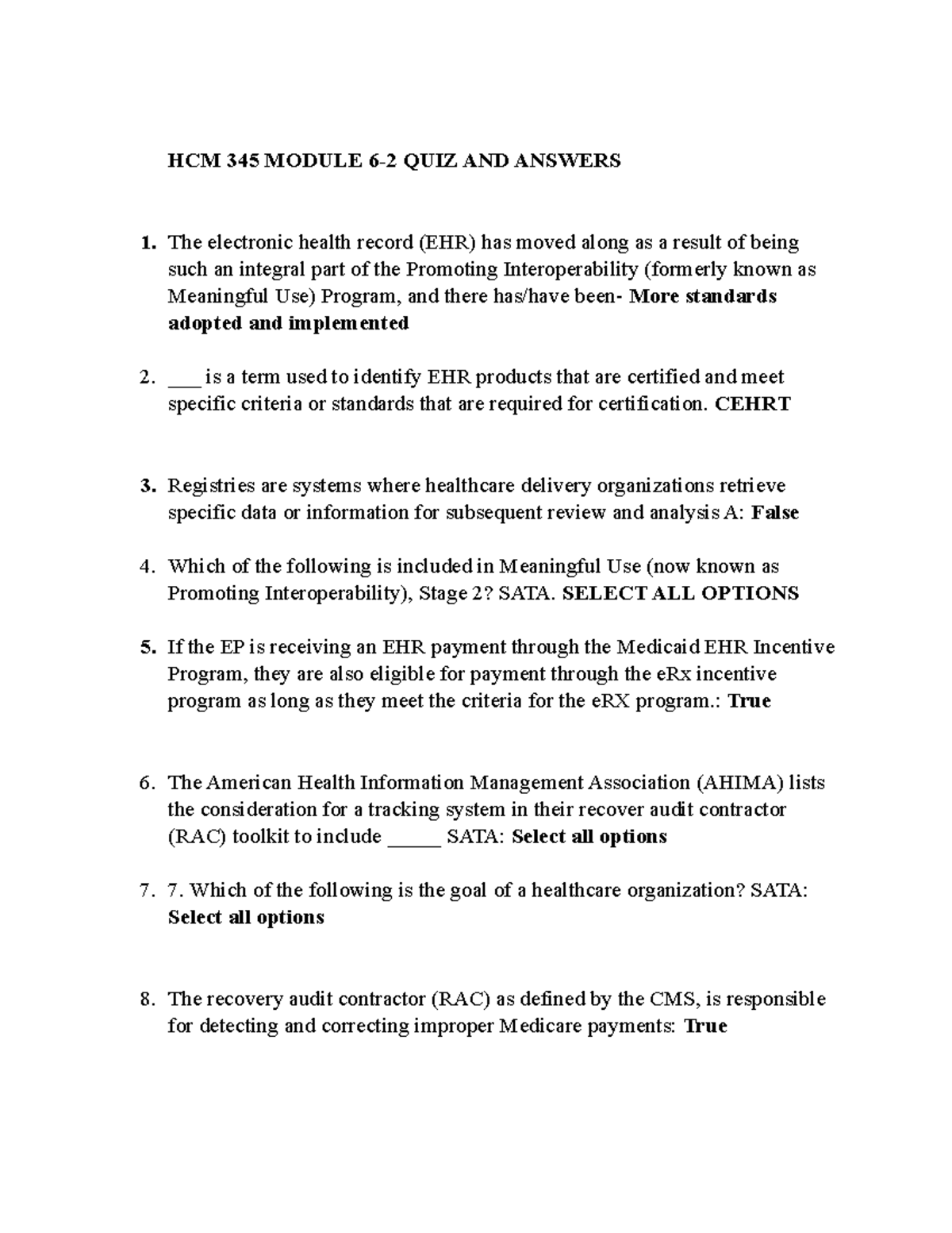 HCM 345 Module 6-2 Quiz Answers and Key Concepts Review - Studocu