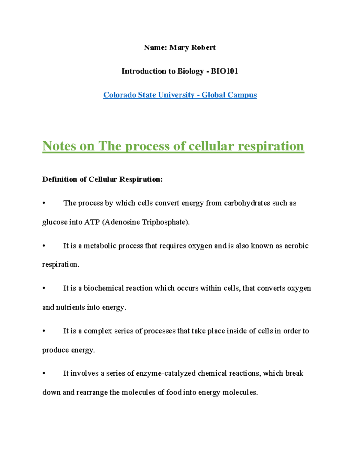 BIO Lecture Notes: The Process of Cellular Respiration and Its ...