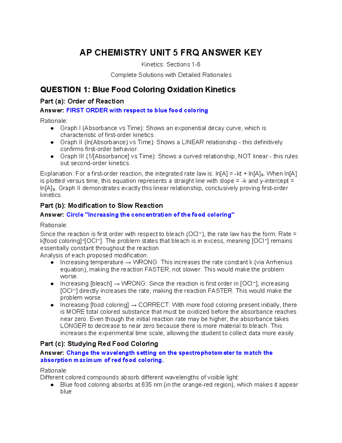 AP CHEMISTRY UNIT 5 FRQ ANSWER KEY: Kinetics & Intermolecular Forces ...