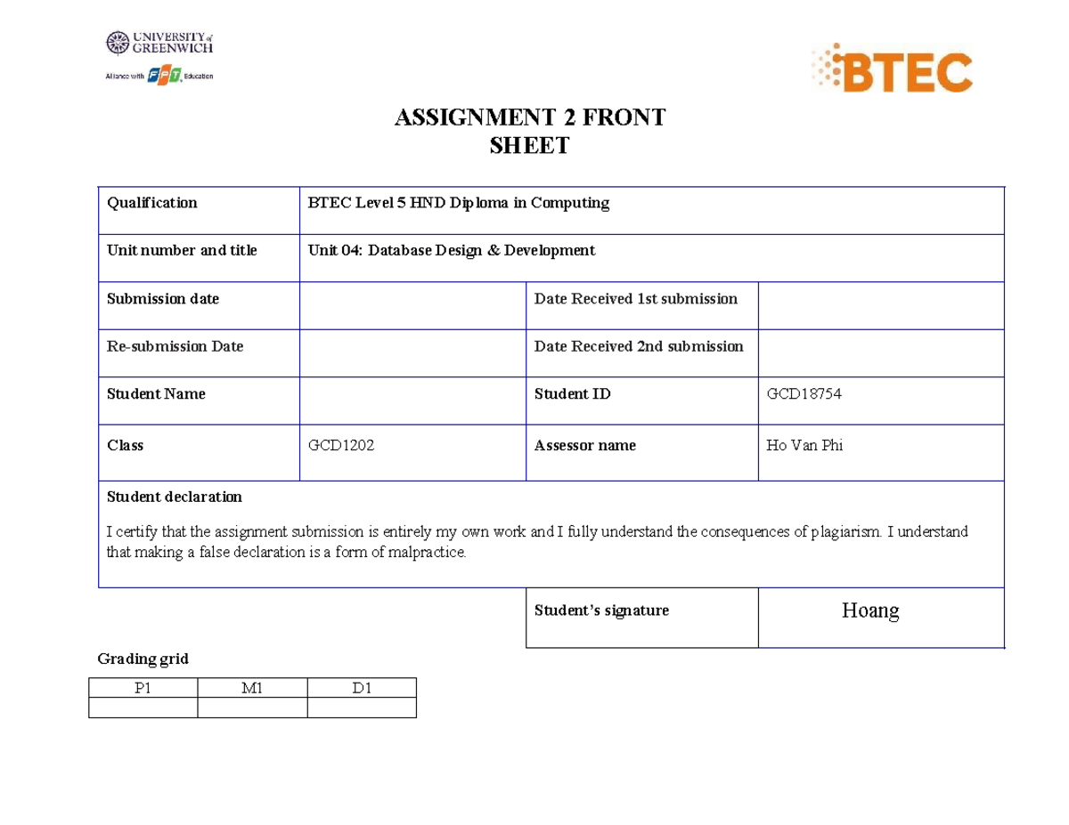Database design development assignment for BTEC Level 5 HND Computing ...