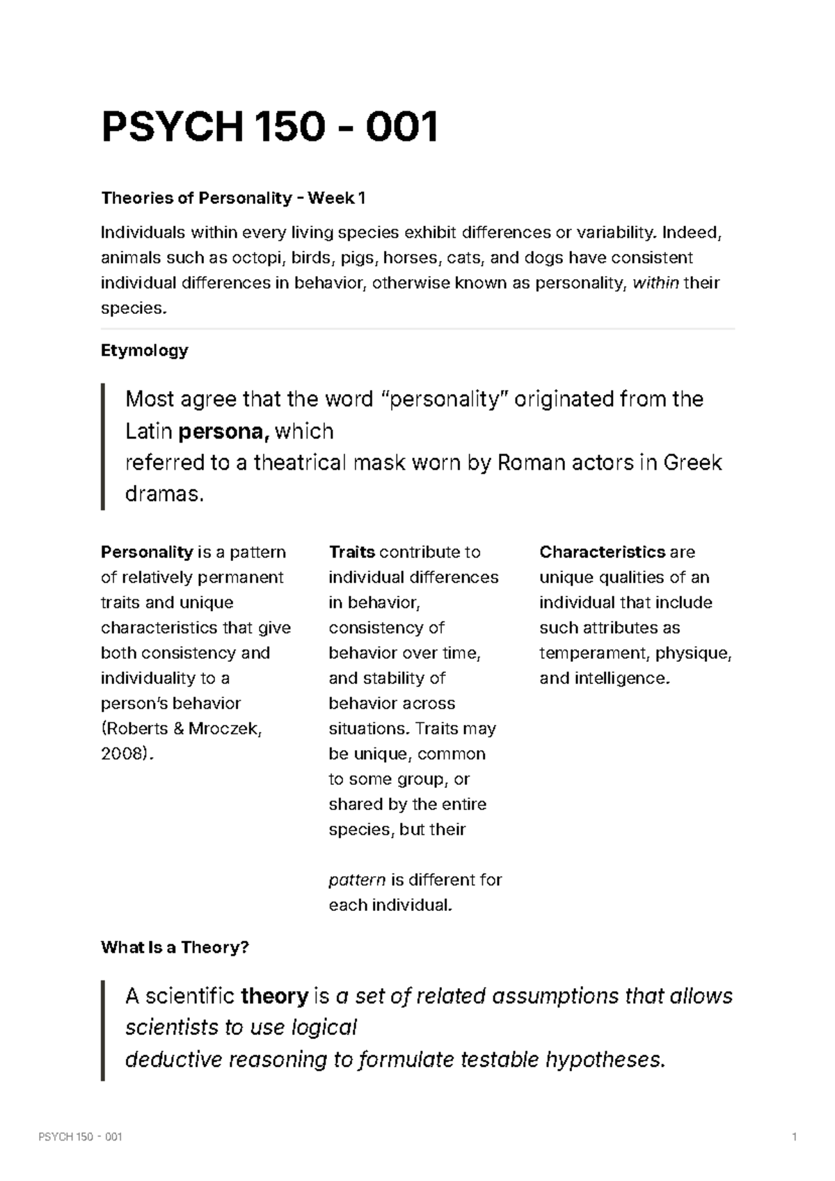 PSYCH 150 001 Theories of Personality: Week 1 Overview and Key Concepts ...
