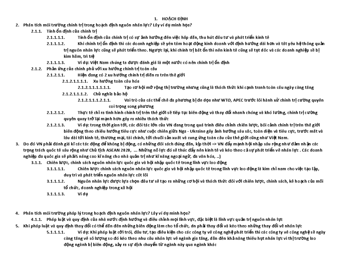 đề cương - dfsad - 1. HO ẠCH Đ NH Ị Phân tch môi tr ường chính tr trong ho ch đ nh nguôồn nhân l ...