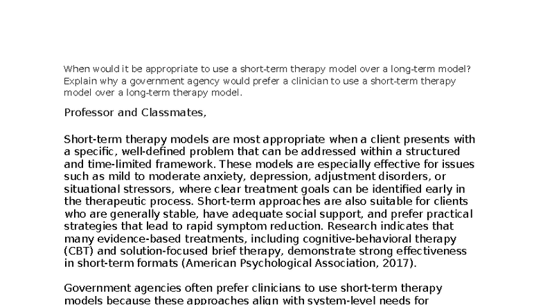 Week 8 DQ1 - Therapy Models vs. Traditional Approaches in Mental Health ...
