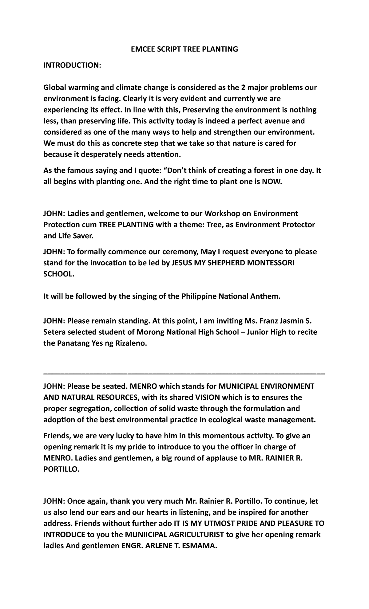 Emcee Script for TREE Planting Workshop: Protecting Our Environment ...