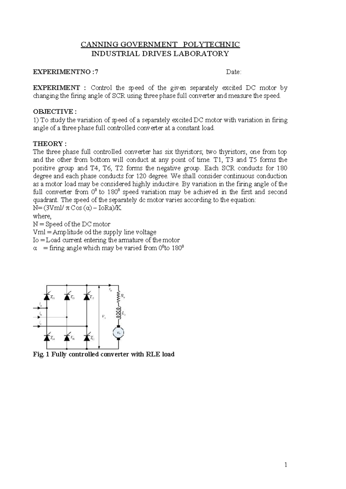 CIVIL 101: Control Speed of DC Motor via Firing Angle Variation - Studocu