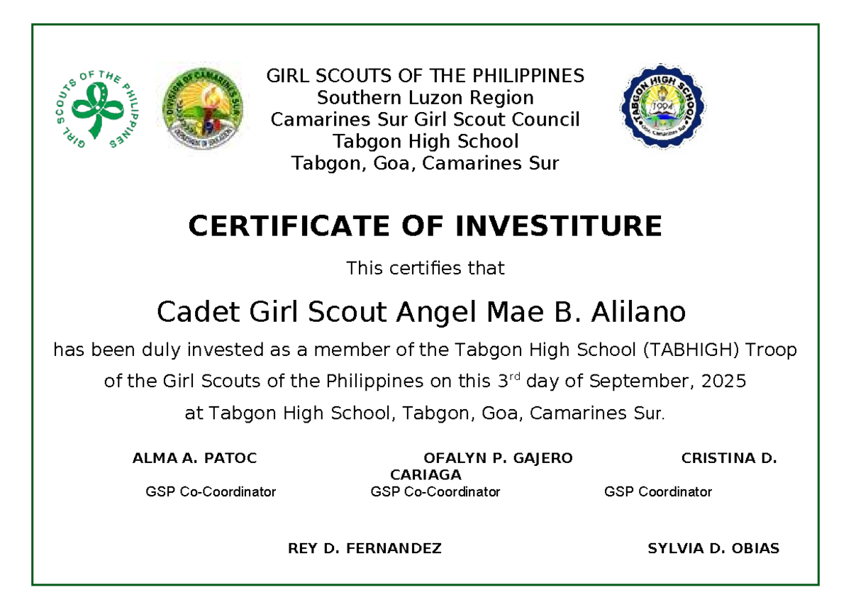 TABHIGH Investiture Certificate for Cadet Girl Scout Angel Mae B ...